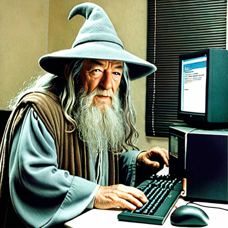 Gandalf without his hat working with Amiga computer. Also include the ...