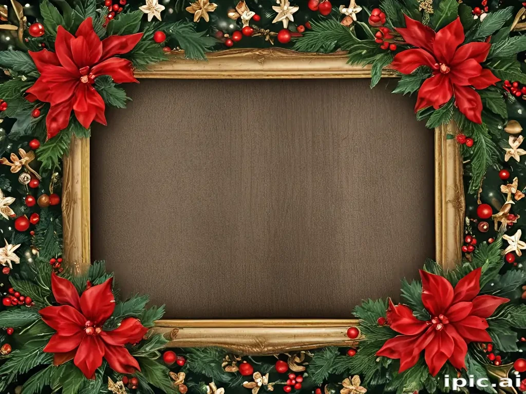 Festive Holiday Frame Surrounded by Poinsettias and Greenery Decorations