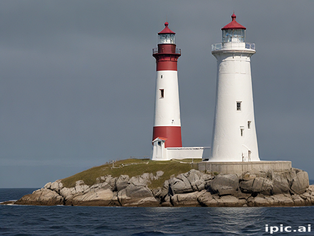 Two Iconic Lighthouses Standing Tall on Rocky Island Against Gray Sky
