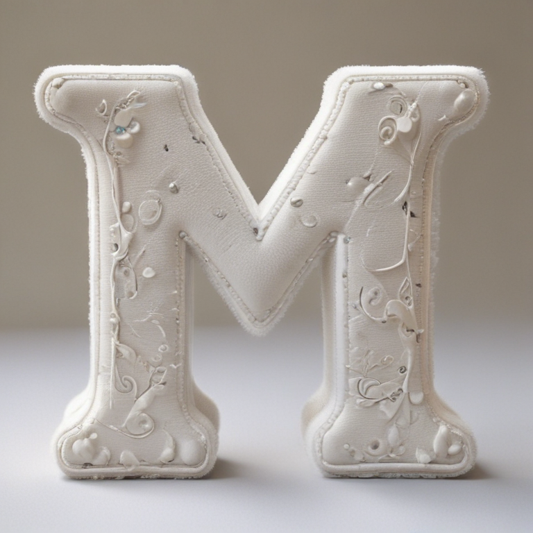 Elegant White Fabric Letter 'M' Adorned with Delicate Floral Embellishments