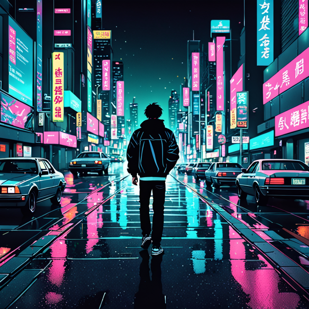 retrowave night city, person in the street, anime style, night time