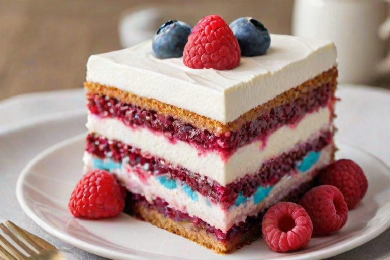 A Delicious Layered Cake with Cream, Berries, and Colorful Filling Delight.