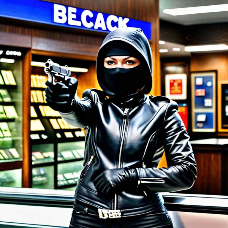 female bank robber, black leather jacket, black leather gloves, black ...