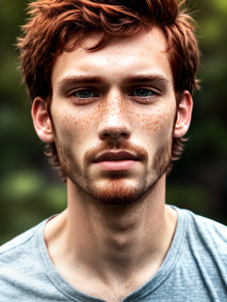 Male, dark brown eyes, short red hair, freckles, brown shirt