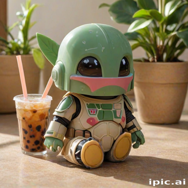 Adorable Boba Fett-Inspired Figure Enjoying a Refreshing Drink in Sunlight