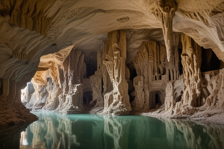 Underground city built into stalactites with river below side view
