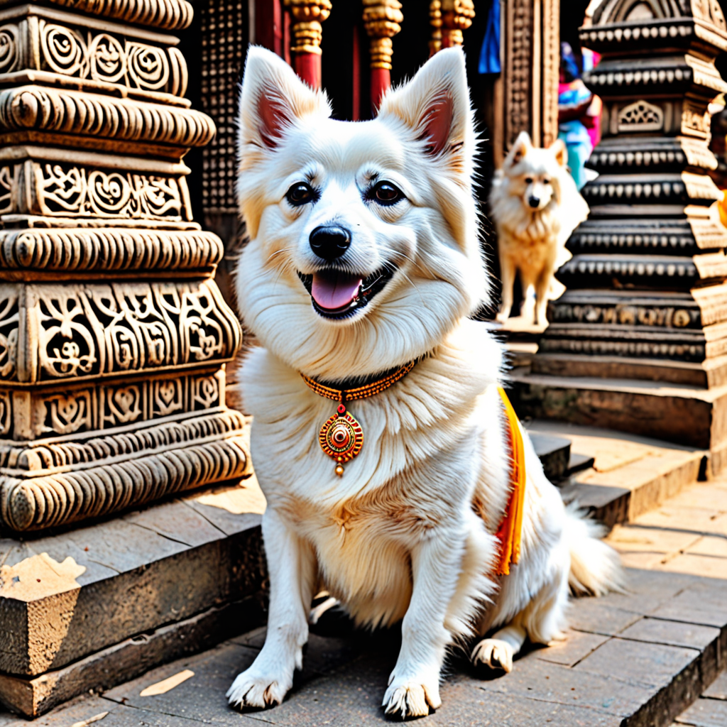 White Indian Spitz dog in hindu temple praying to God