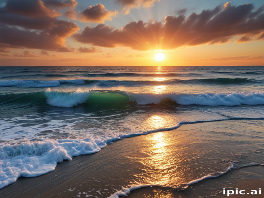 Stunning Sunset Over the Ocean with Gentle Waves and Soft Clouds