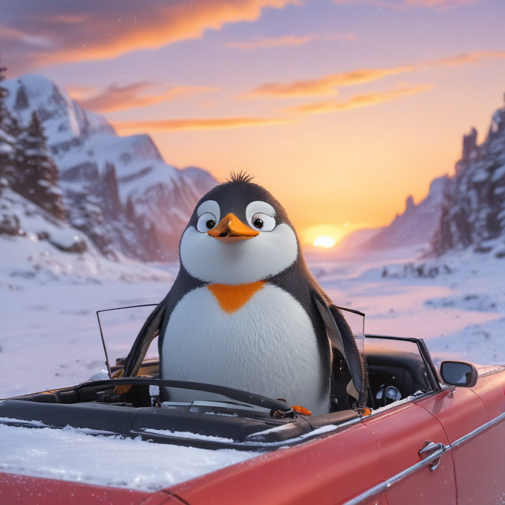 a cartoon penguin driving a convertible in the snow with a sunset and ...