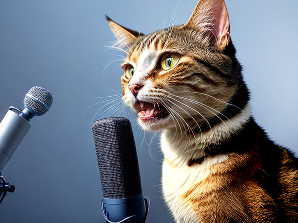 cat singing into a microphone in a recording studio