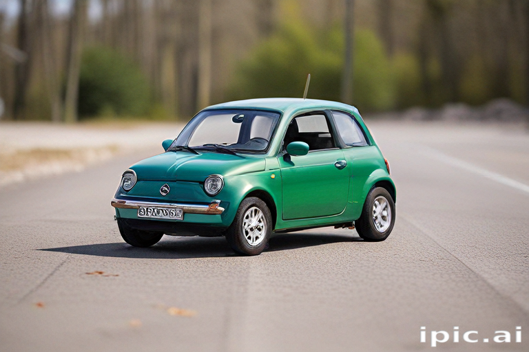 A Charming Green Compact Car Parked on a Scenic Open Road.