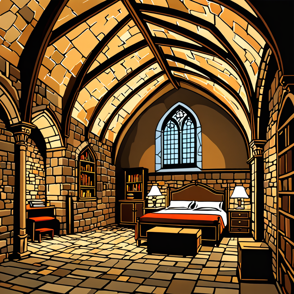 room with vaulted ceilings in the basement of a medieval castle. Night ...
