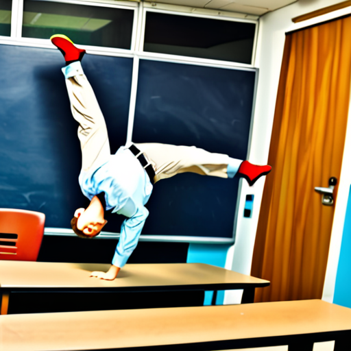 create a teacher doing a backflip on a desk