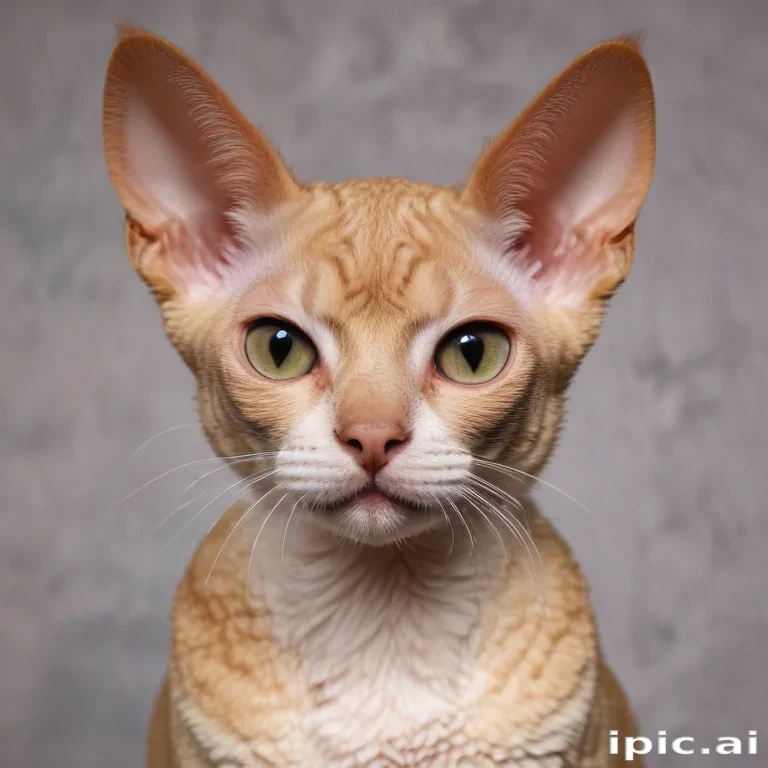 A Close-Up Portrait of a Curiously Expressive Devon Rex Cat.