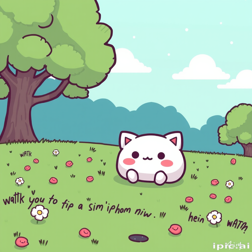 A Cute Cartoon Cat Enjoying a Sunny Day in a Flower-Filled Meadow.