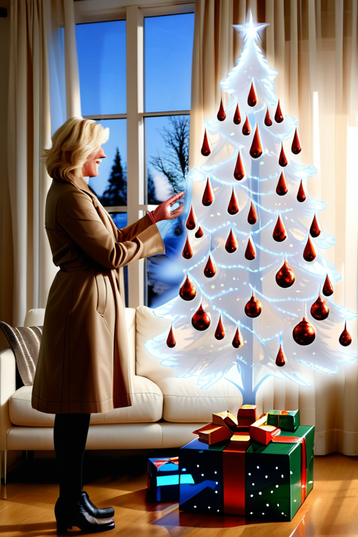 A Woman Decorates a Beautifully Lit Virtual Christmas Tree at Home