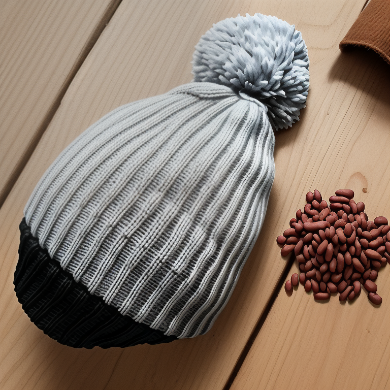 Cozy Gray and Black Knit Beanie Next to a Pile of Beans