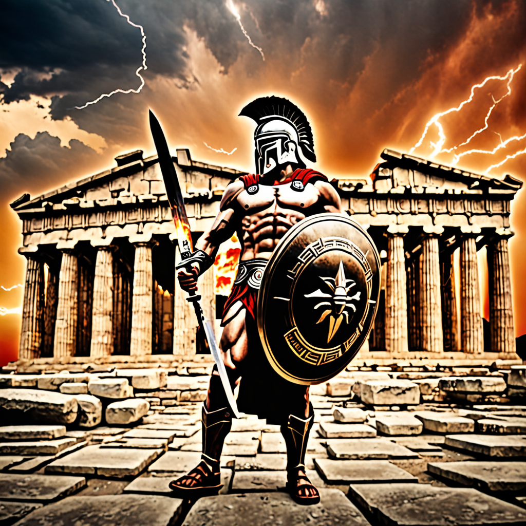 an ancient spartan warrior with a sword and a shield anf the Parthenon ...