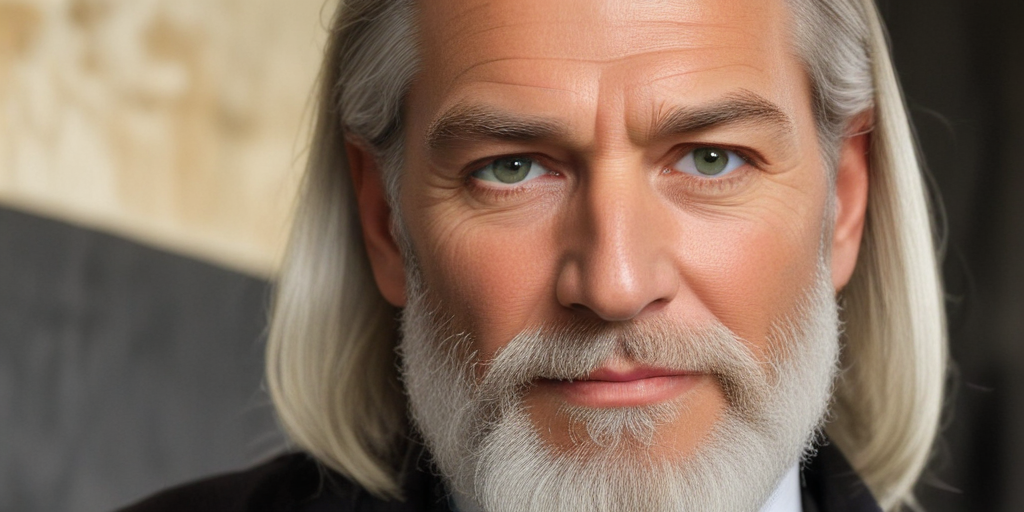Masculine Elder Tudor Duke, blonde greying hair & beard green eyes