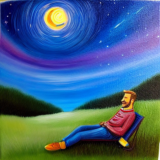 Painting of a dreaming man asleep smiling under the moonlight