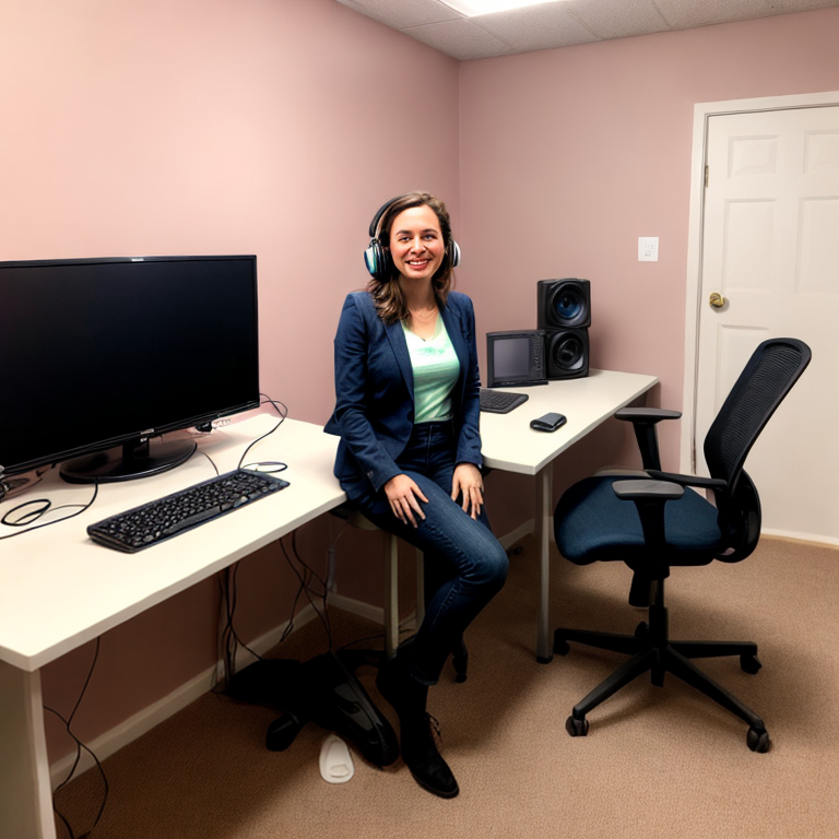 Pink room with a women behind a podcast microphone