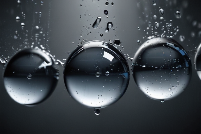 Close-Up of Glimmering Water Droplets Suspended in Mid-Air Against Dark ...