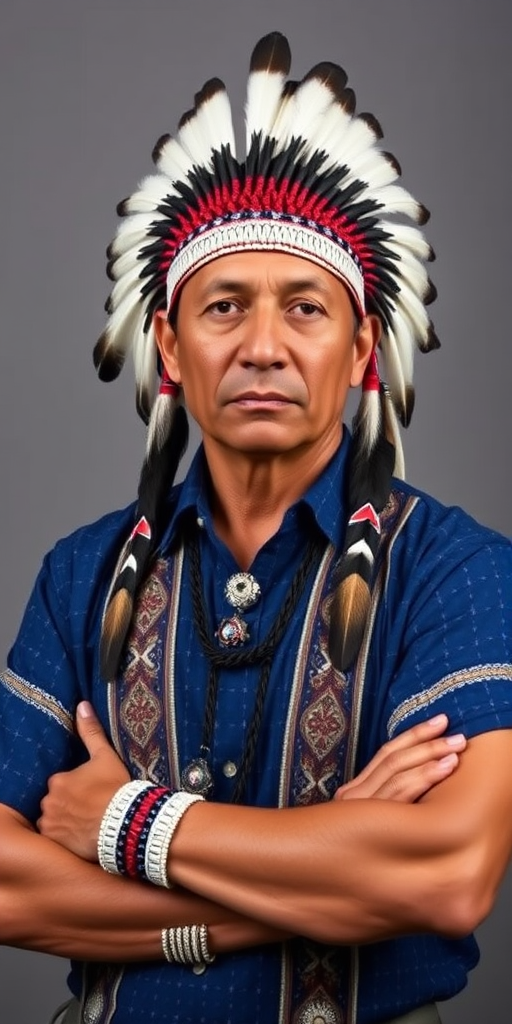 A Proud Indigenous Man Wearing Traditional Attire and Feathered Headdress.