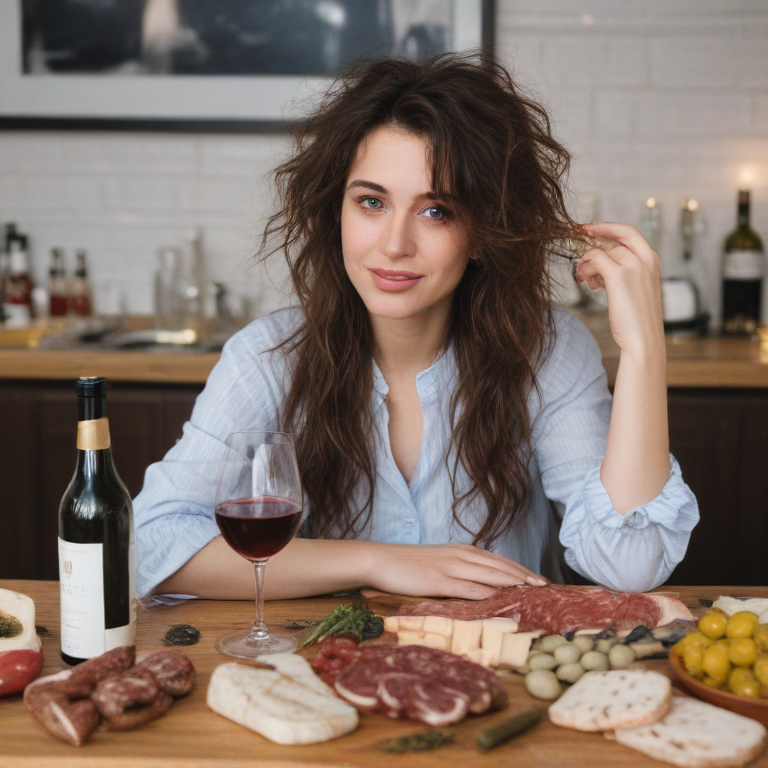 a drunk woman with messy hair next to wine and charcuterie