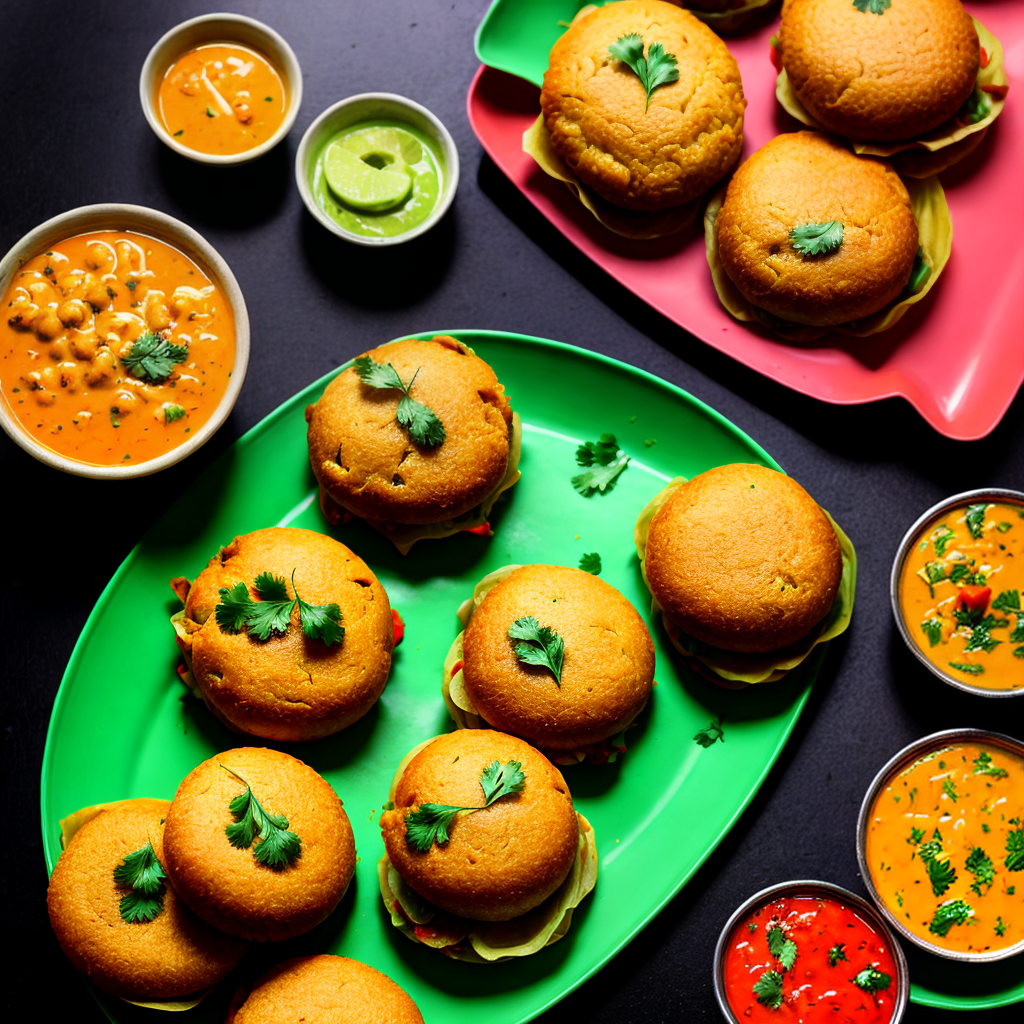 mumbai vada pav and mirchi in neon lighting and art colors