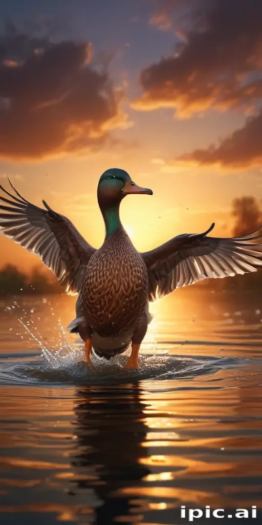 A Majestic Duck Spreading Its Wings Against a Golden Sunset Sky