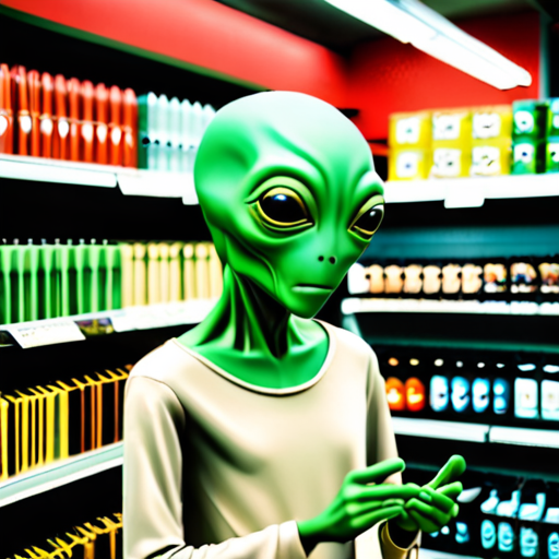 A green alien shopping in a store.
