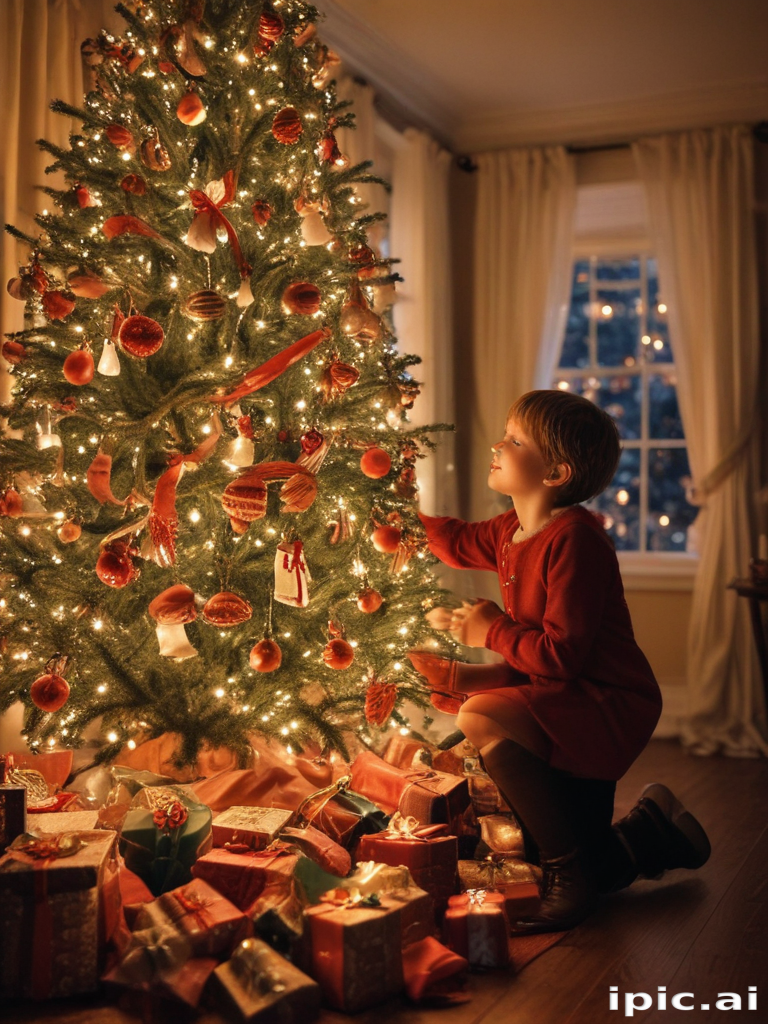 A Joyful Child Decorates a Beautifully Adorned Christmas Tree at Home