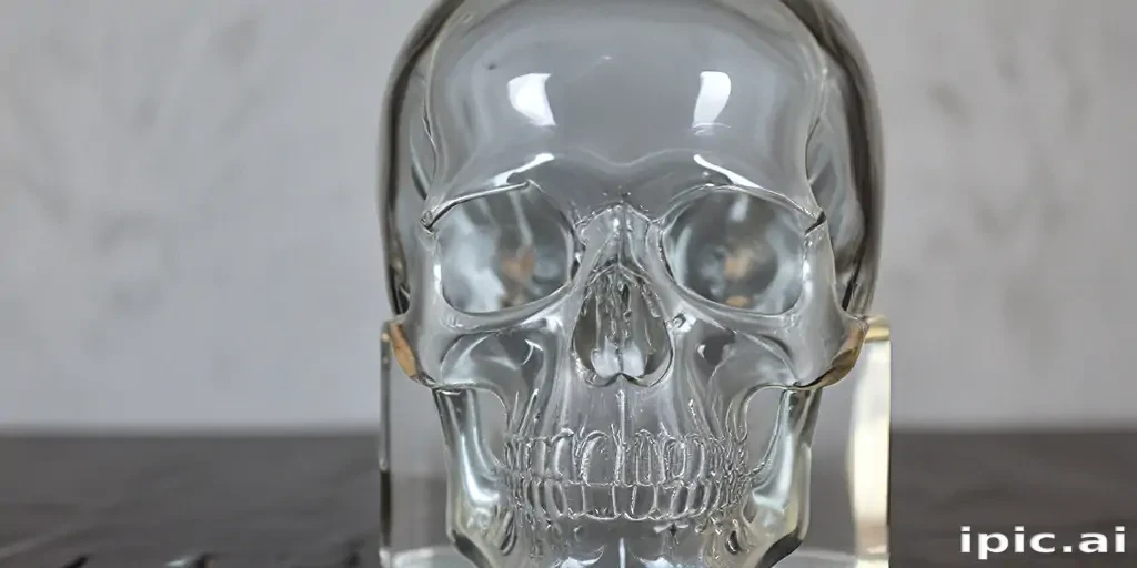 A Clear Glass Skull Figurine Displayed on a Dark Surface Background.