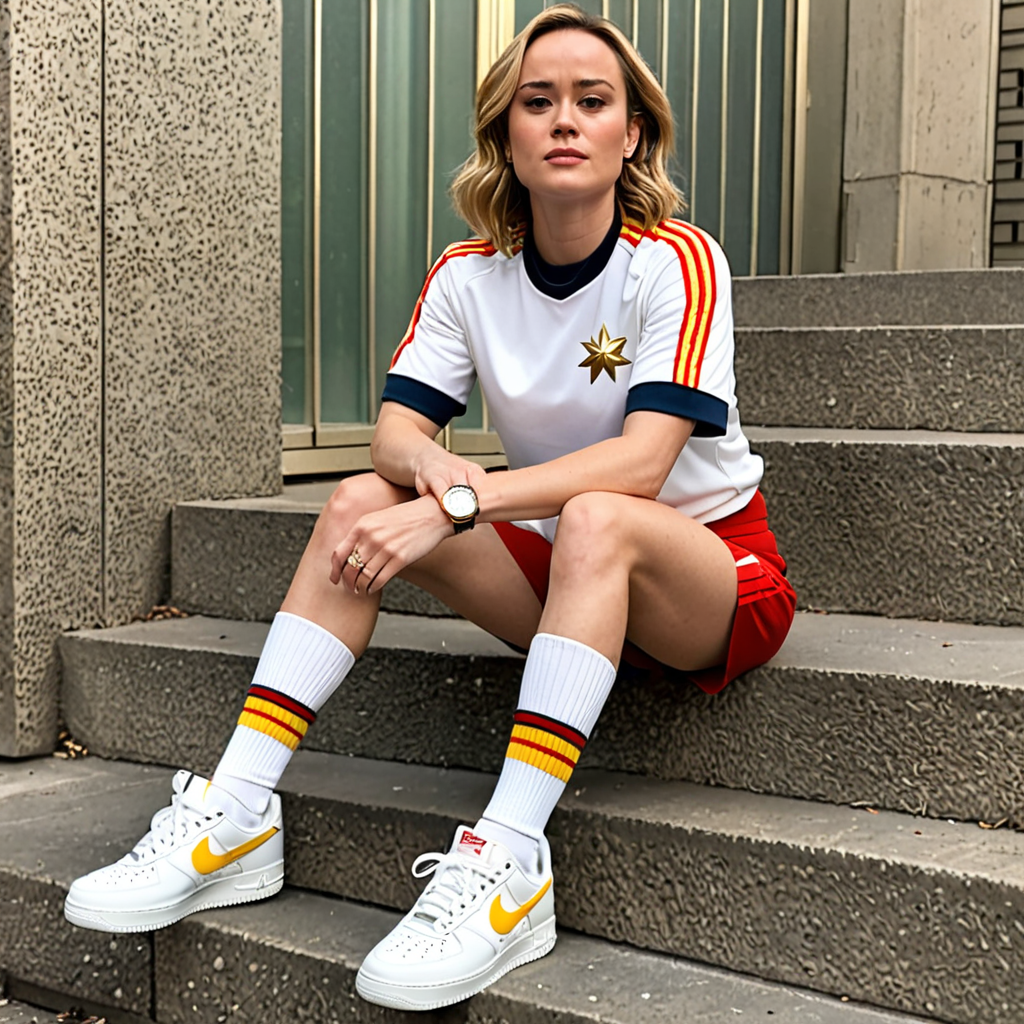 Brie Larson Carol Danvers sitting in her Captain Marvel Chestpiece ...