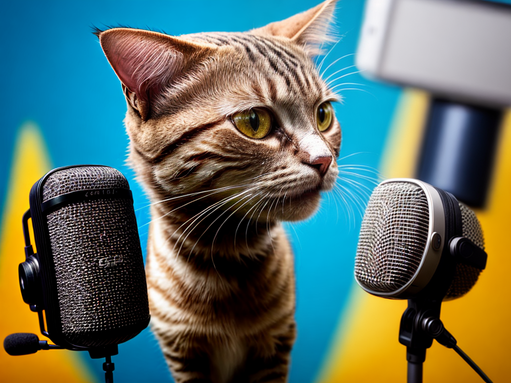 Cat singing into microphone, recording studio