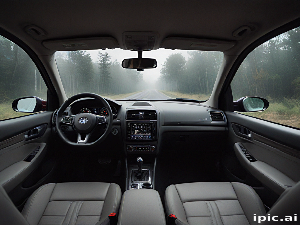 Inside View of a Modern Car Dashboard on a Foggy Road