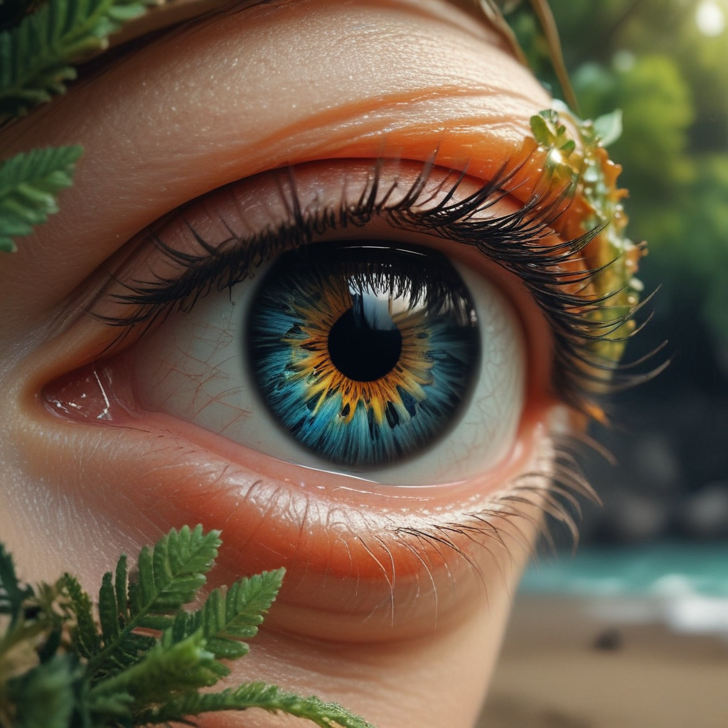 A Close-Up of a Beautiful Eye Surrounded by Lush Greenery and Nature