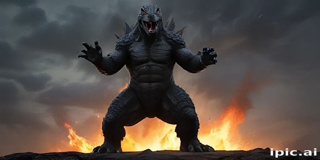 Epic Battle of Giant Monster Godzilla Against a Fiery Volcano Backdrop