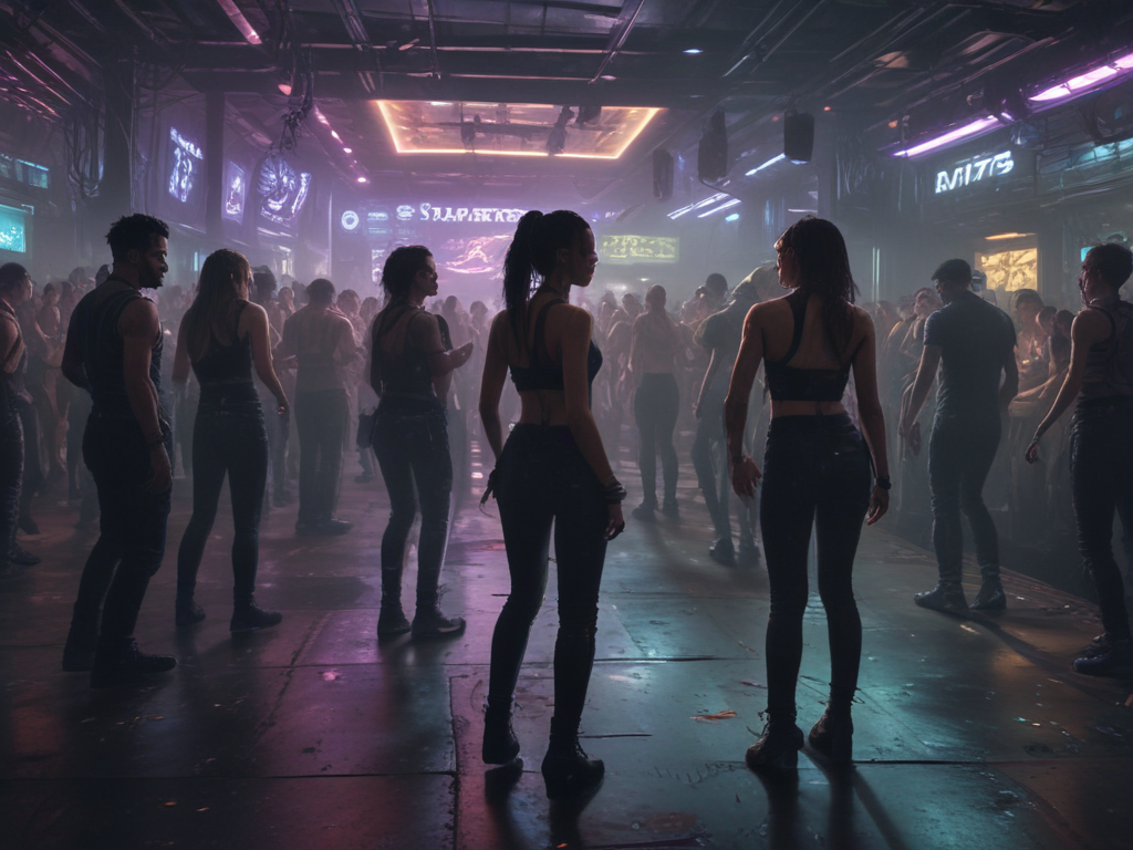 nightclub, dance floor, people dancing, cyberpunk