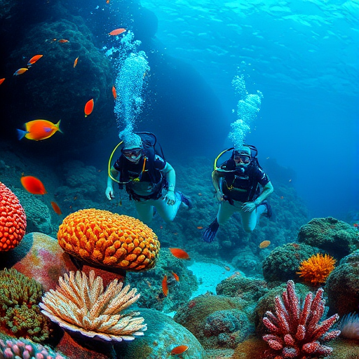 Underwater scene of two scuba divers exploring a vibrant coral reef ...