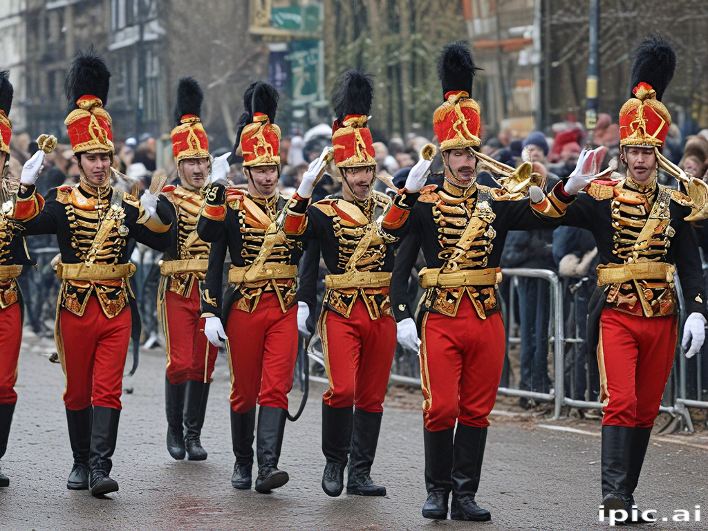 Marching Band in Historic Uniforms Performing at a Festive Outdoor Parade