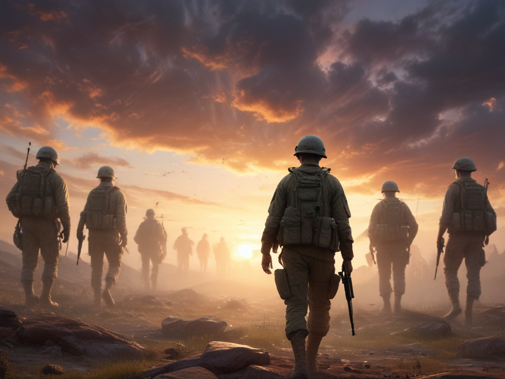 Brave Soldiers Marching Toward a Distant Horizon Under a Dramatic Sky