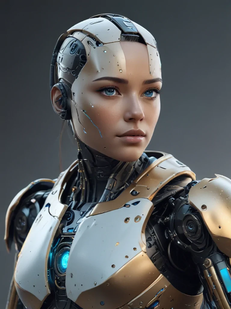 Futuristic Human-Robot Hybrid with Intricate Details and Striking Blue Eyes
