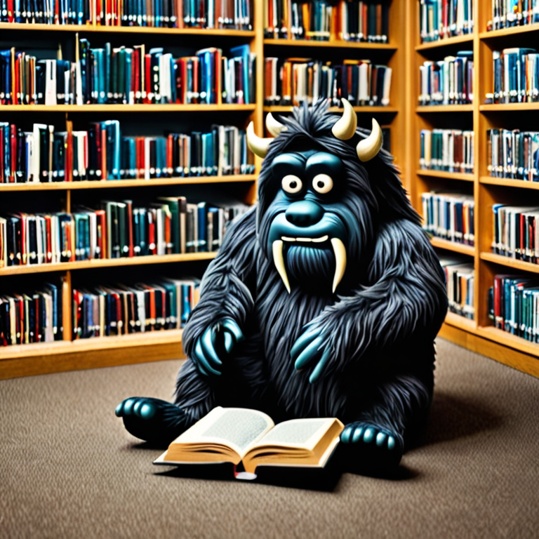 hairy monster reading a book on the floor in a library