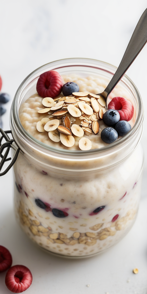 Delicious Overnight Oats with Fresh Berries and Almonds in Jar.