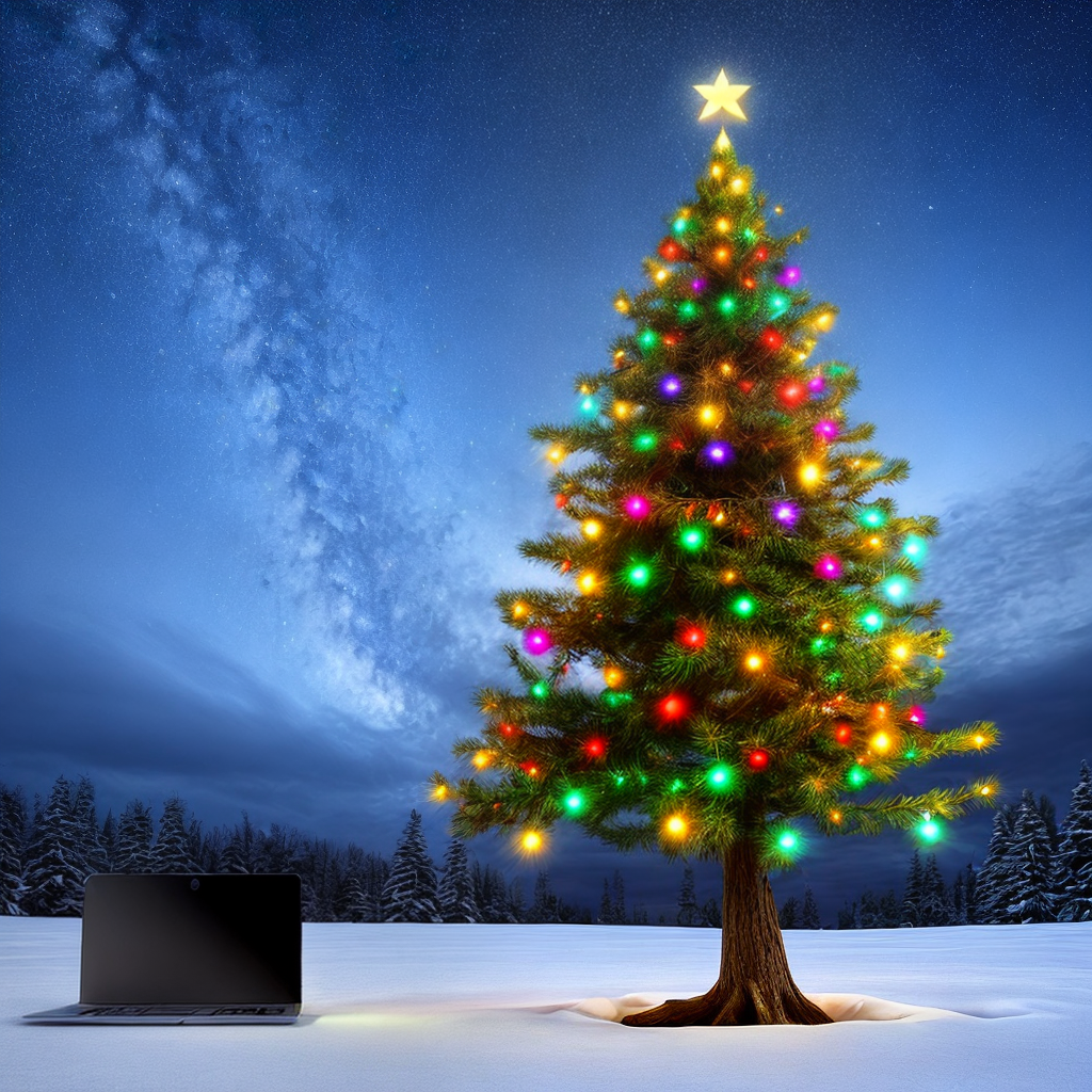 christmas tree, cyberspace, hacker with a hoddie, laptop, snow ...