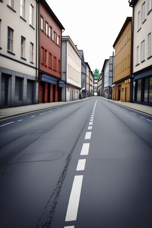 Empty Urban Street Scene with Colorful Buildings and Clear Blue Sky