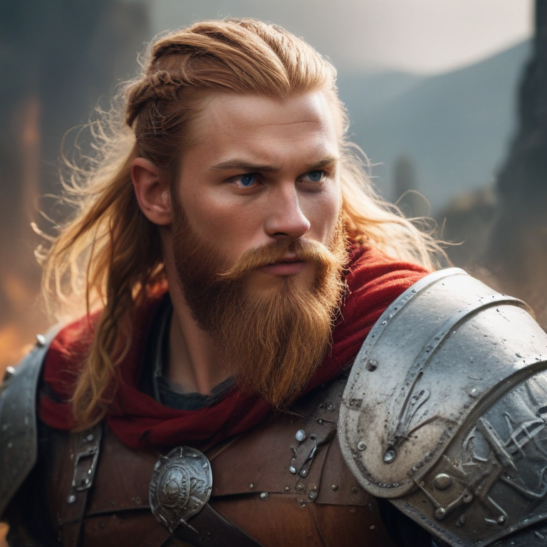 A Viking, Flowing Blonde hair like fire, wild red beard, Nordic armor ...