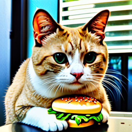 sad banana cat with a hamburger in his hand