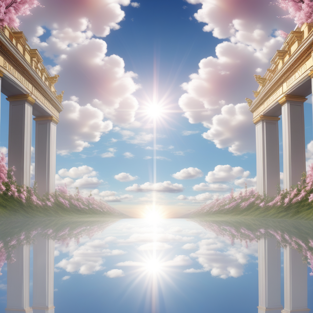 A Serene Landscape of Heavenly Columns Reflecting a Bright, Tranquil Sky